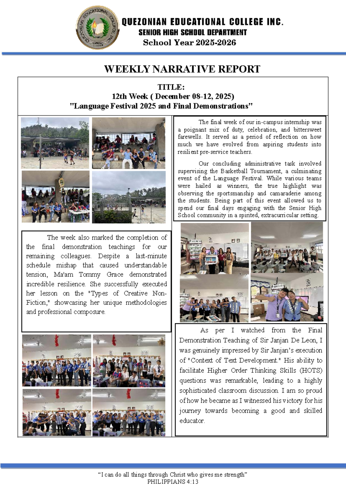 12th Week Narrative Report: Festival 2025 & Final Reflections - Studocu