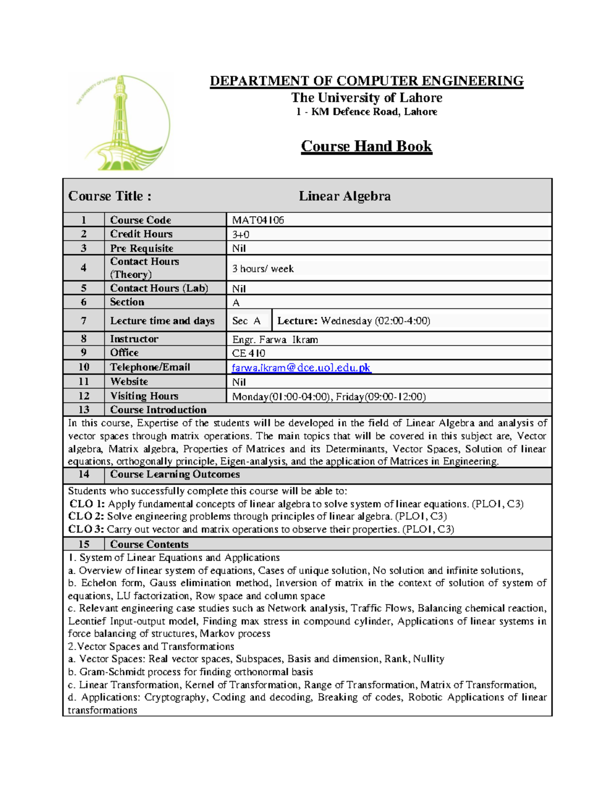 Linear Algebra MAT Course Outline - Fall 23 - Studocu