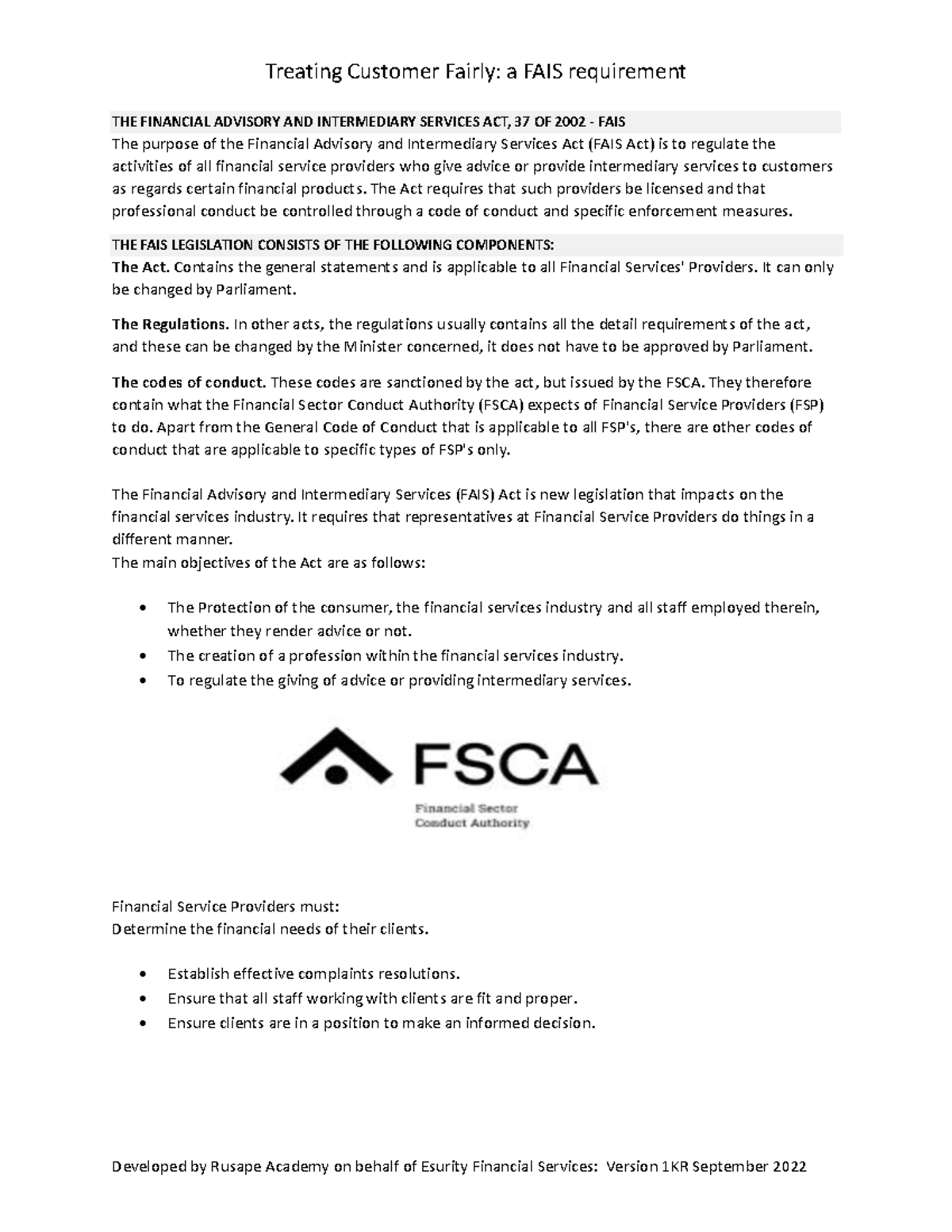 Understanding the FAIS Act and Treating Customers Fairly المبادئ - Studocu