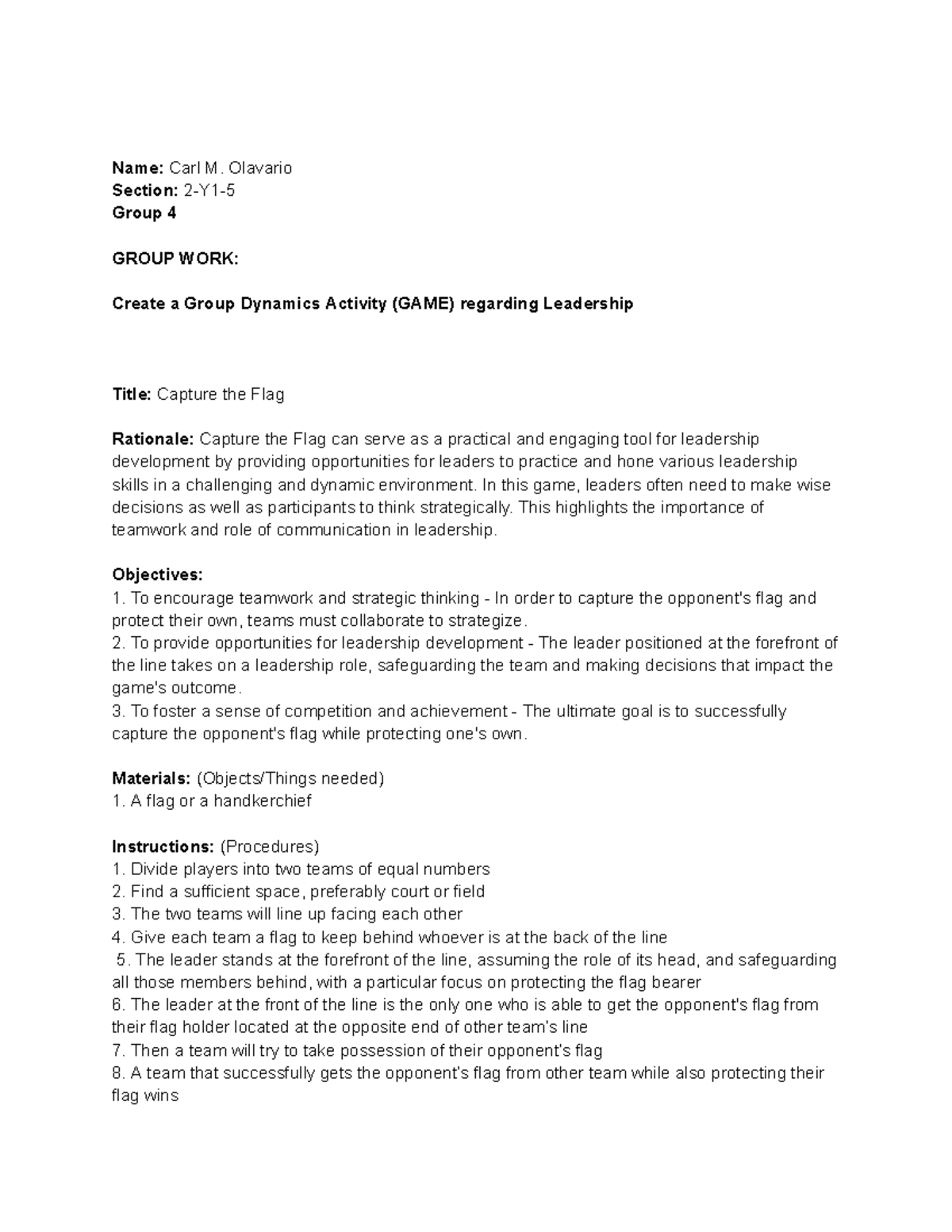 Leadership Dynamics Game: Capture the Flag Activity Design - Studocu