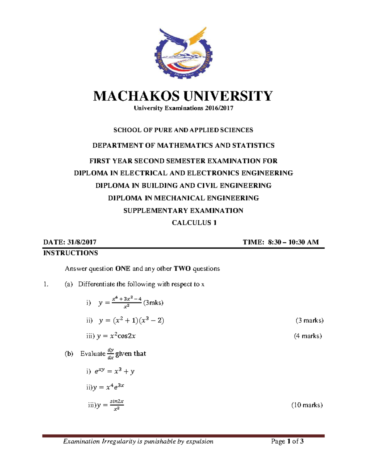 Calculus 1 Supplementary Exam - Diploma in Engineering (MACHAKOS) - Studocu
