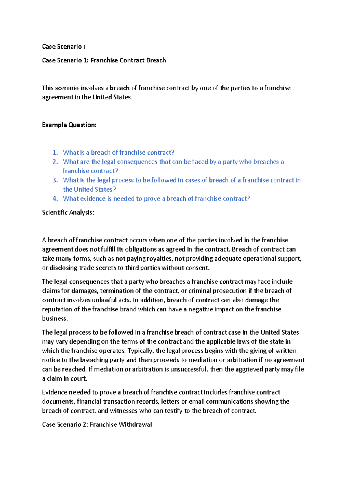 Franchise Law Case Study: Breach & Withdrawal Scenarios - Studocu