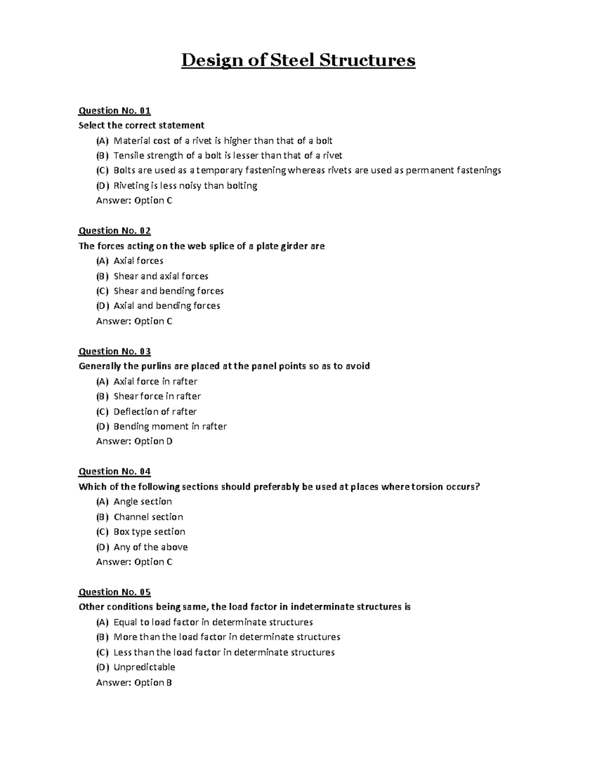 Design of Steel Structures: MCQs for Exam Prep (Course Code) - Studocu
