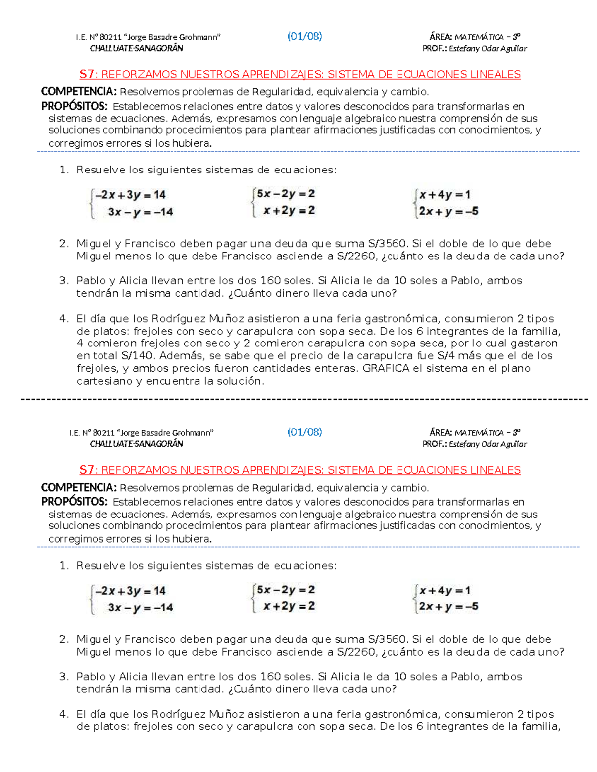 I.E. 80211 Basadre: Reforzamos Sistema de Ecuaciones - 3° U4 ACT7 - Studocu
