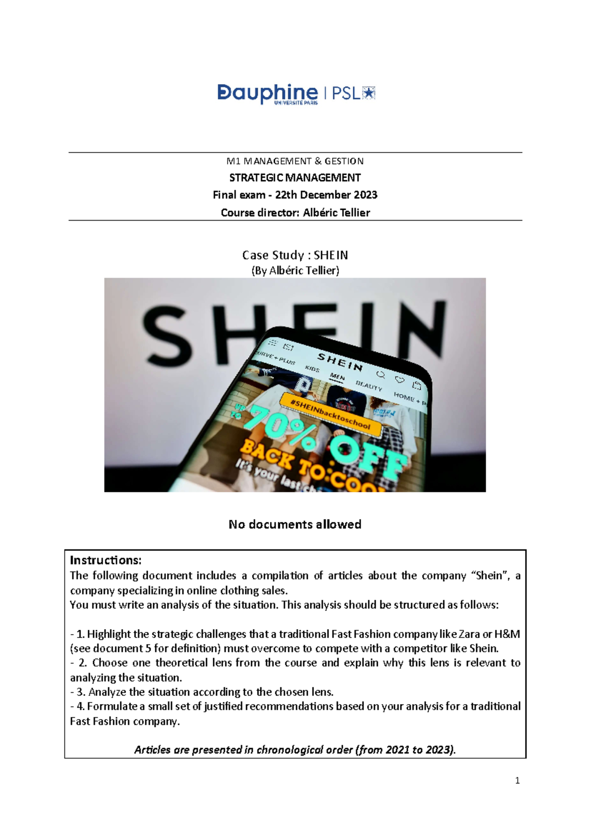 Shein Case Study Analysis - M1 Management Final Exam 2024 - Studocu