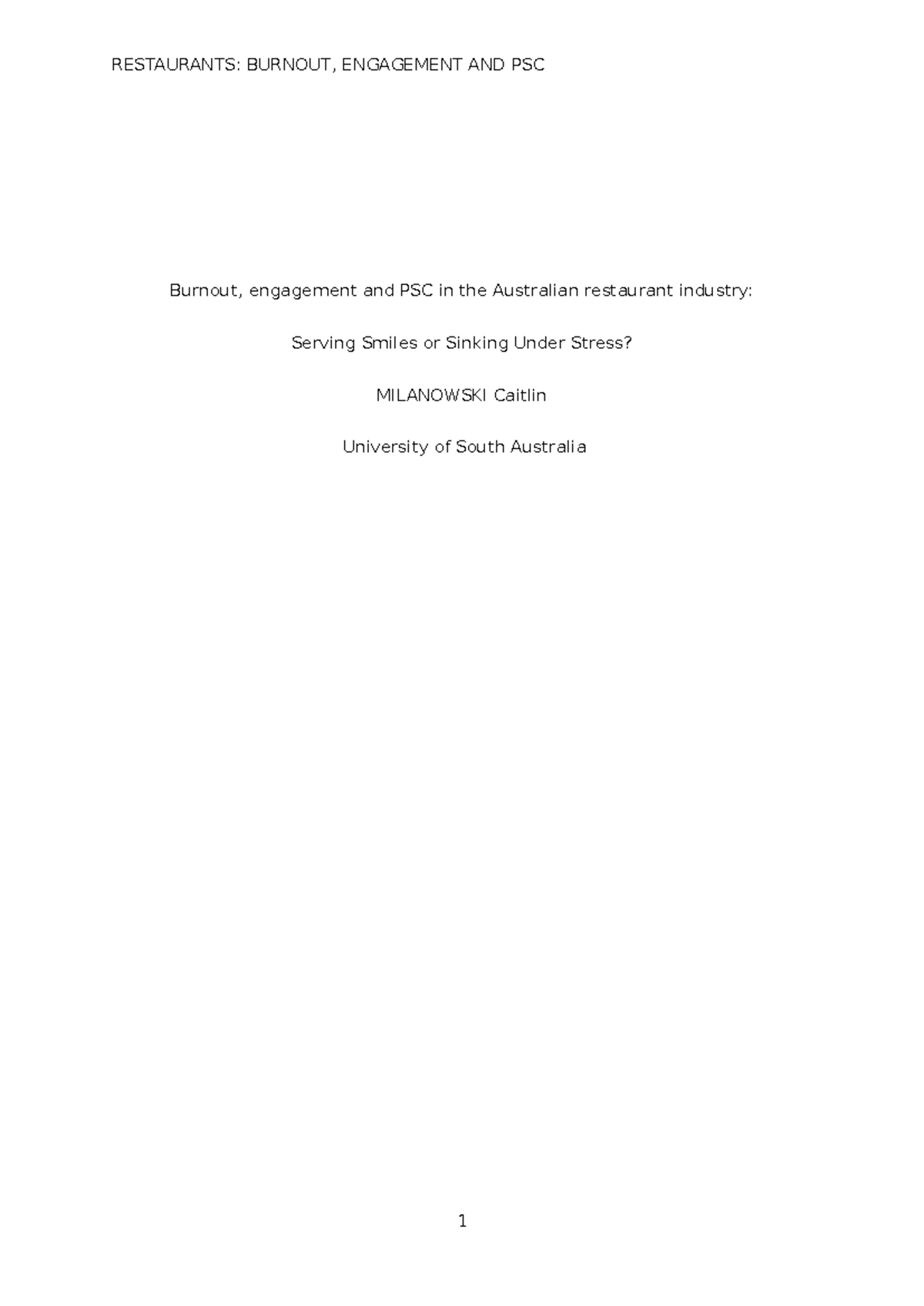 ENGAGEMENT & PSC IN AUSTRALIAN RESTAURANTS: BURNOUT STUDY - HD - Studocu