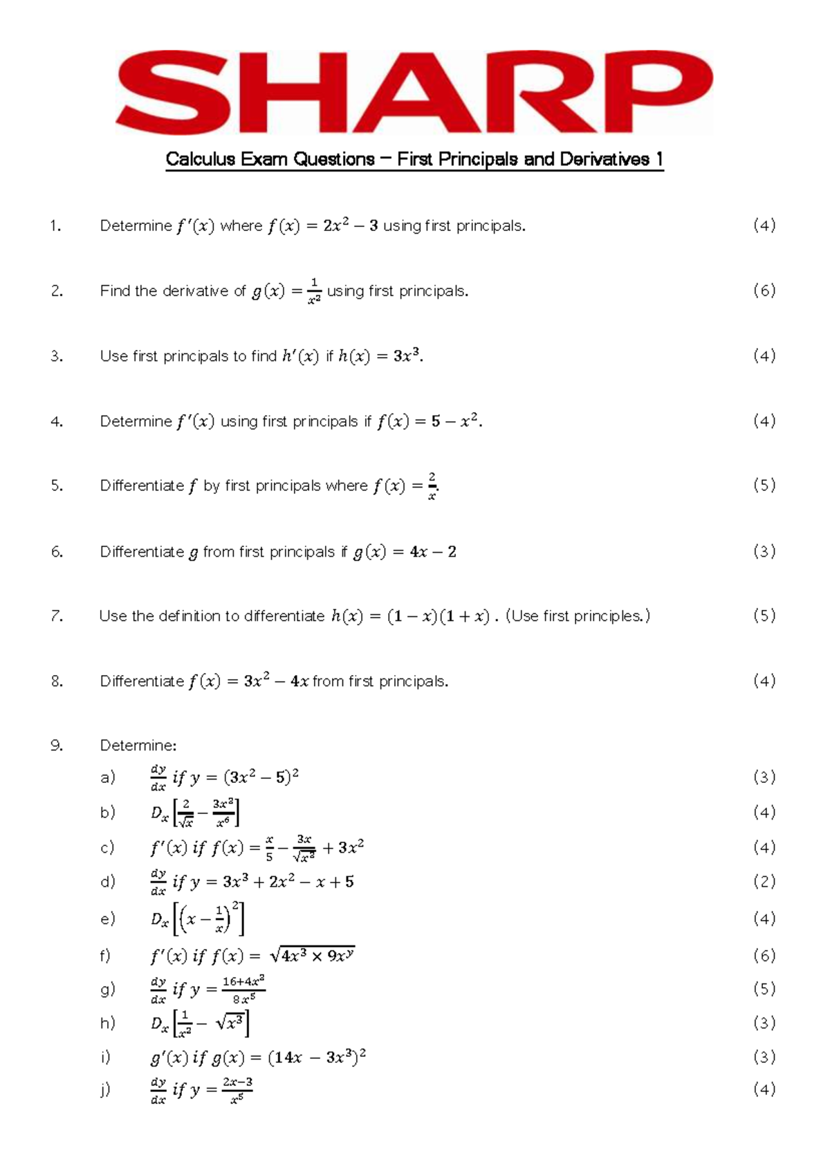 Calculus 1 Final Exam Questions: First Principles & Derivatives - Studocu