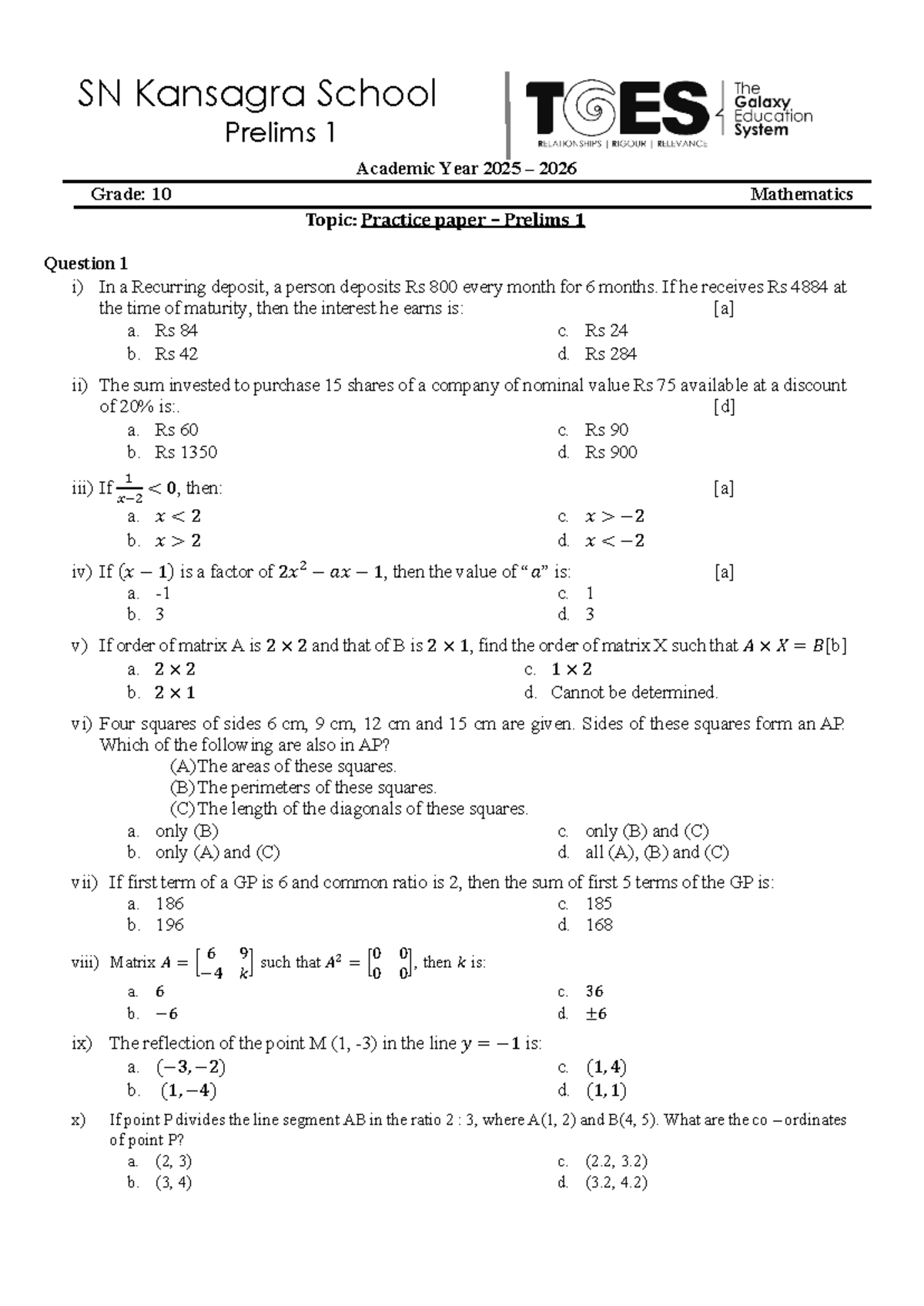 Prelims 1 Practice Paper for Grade 10 Mathematics 2025-2026 - Studocu