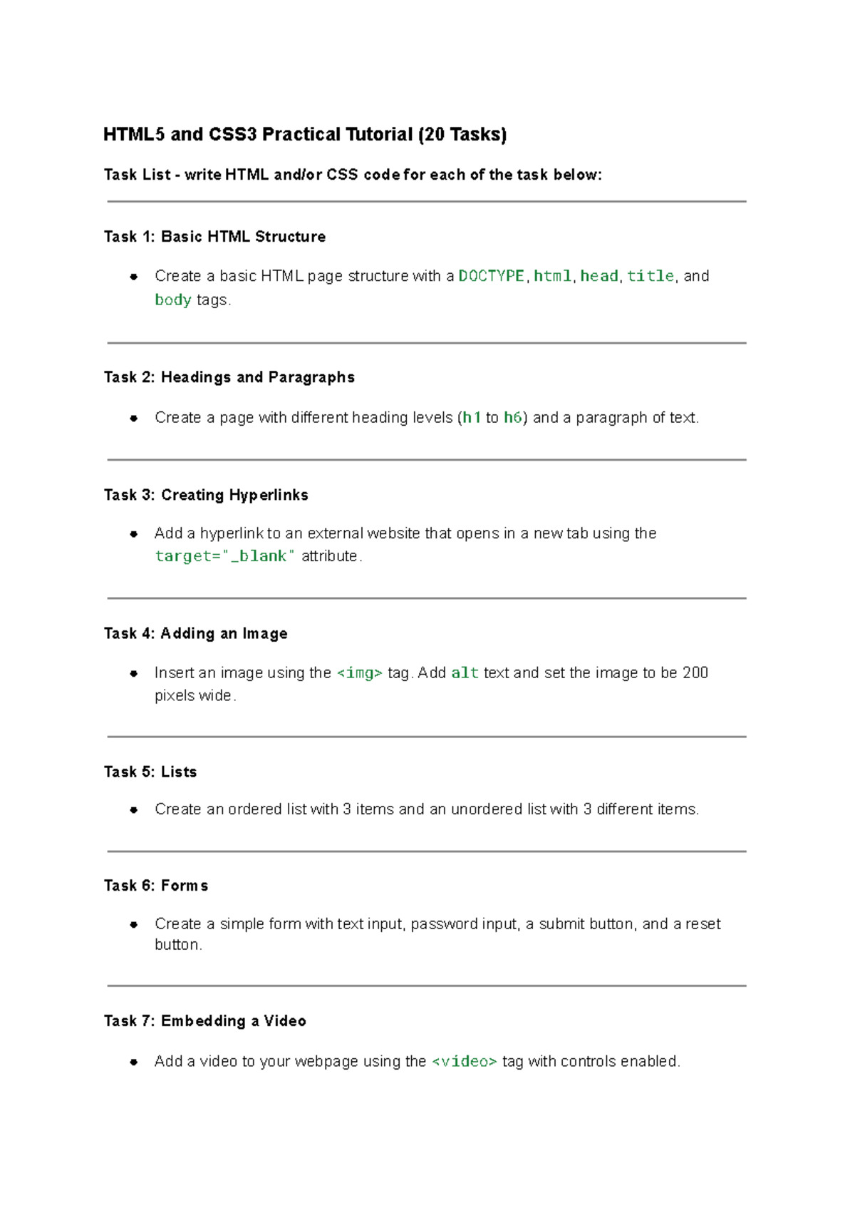 HTML5 & CSS3 Practical Tutorial (20 Tasks) with Q&A - Studocu