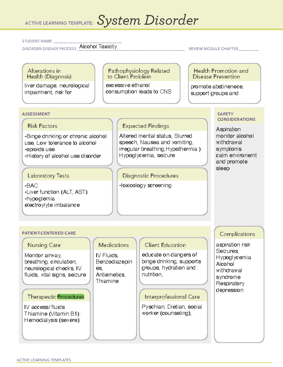 ATI Active Learning Template for Alcohol Intoxication Disorders - Studocu