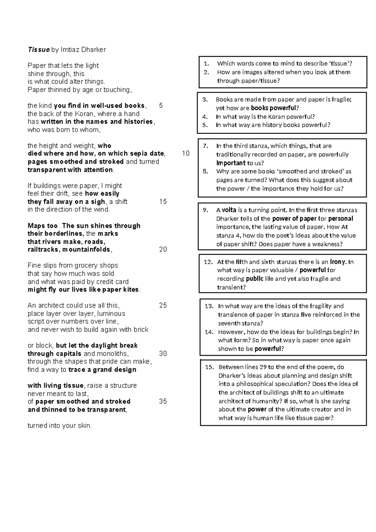 Imtiaz Dharker's "Tissue": Analysis Questions and Insights - Studocu