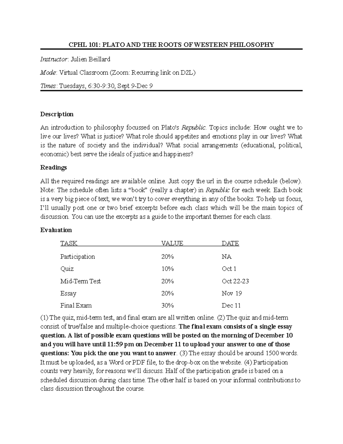 CPHL 101: Syllabus for Plato and Western Philosophy Course - Studocu