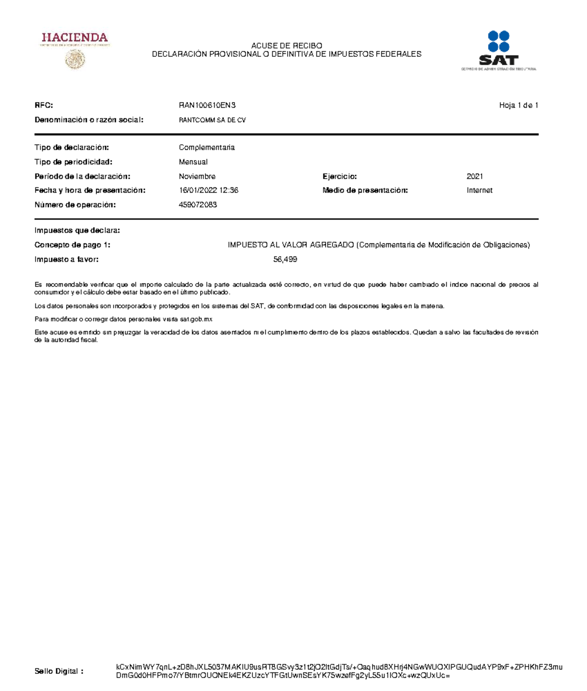 ACUSE DE RECIBO DECLARACIÓN IMPUESTOS FEDERALES RFC: RAN100610EN3 - Studocu