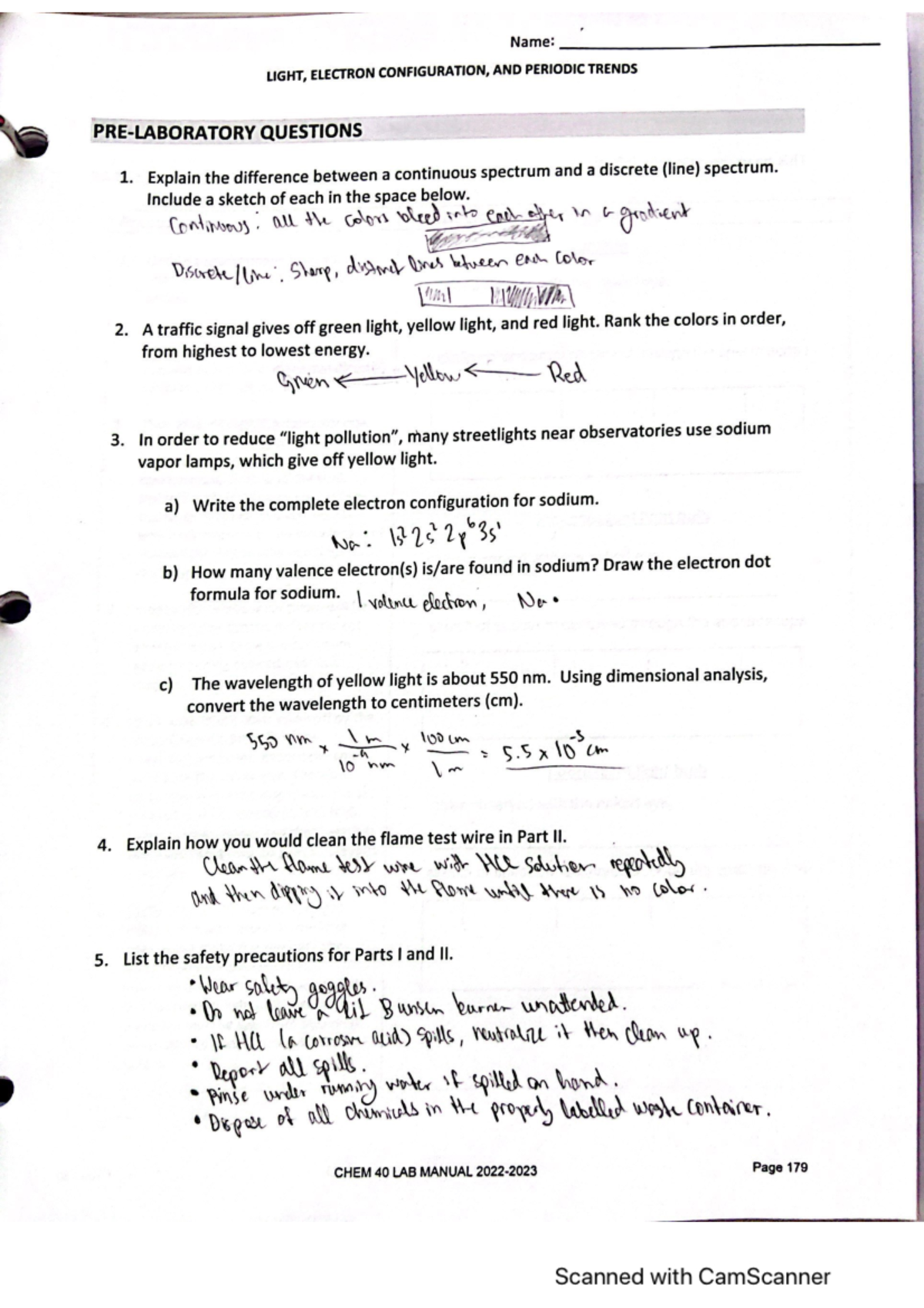 Light, Electron Configuration, and Periodic Trends Pre-Lab - Name ...