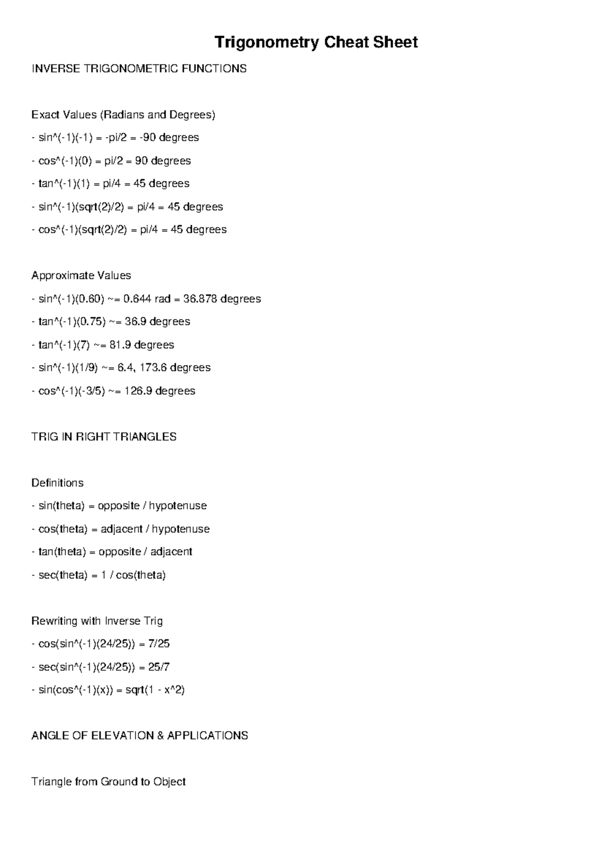 Trigonometry Cheat Sheet: Inverse Functions & Right Triangles - Studocu