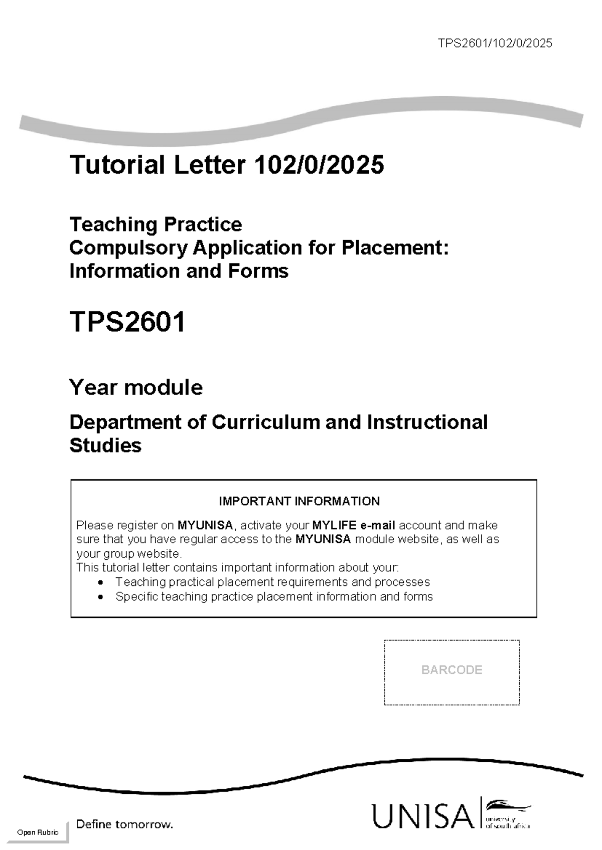 TPS2601 Teaching Practice Placement: Essential Information & Guidelines ...