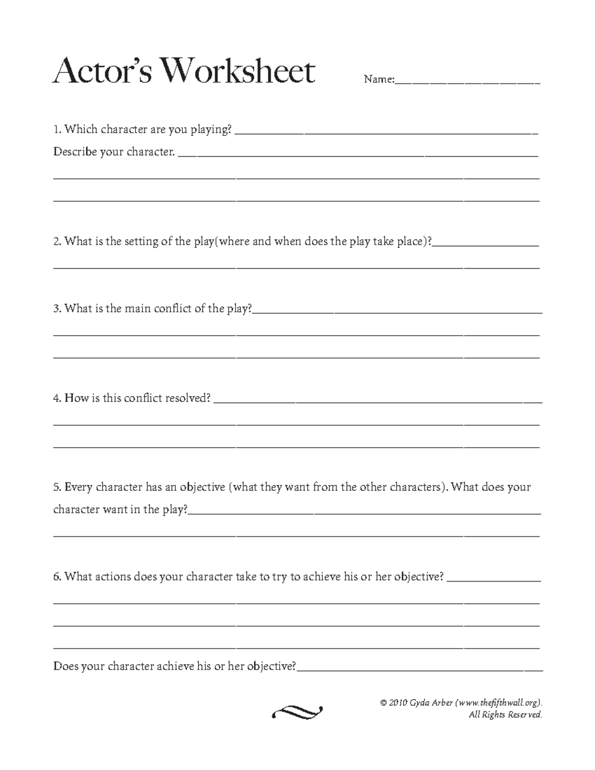 Actors Character Worksheet - Actor’s Worksheet Name ...