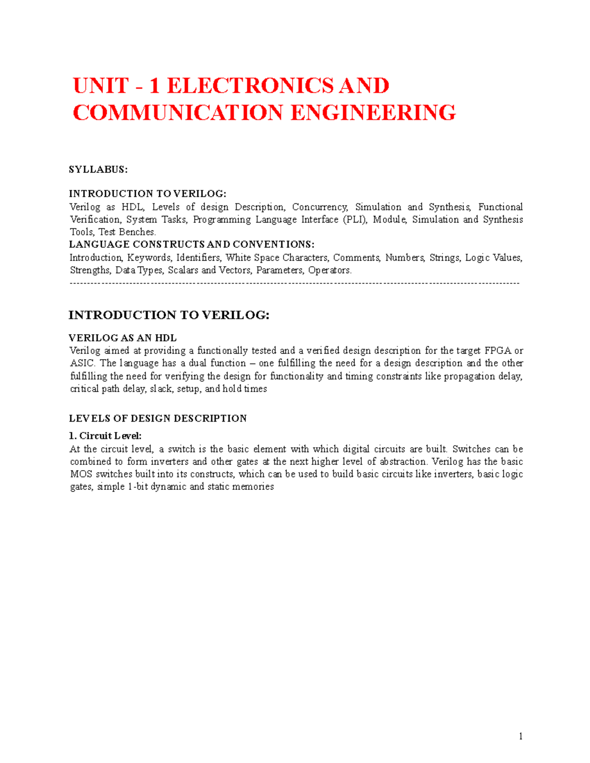 Digital Design Using Verilog Hdl Unit 1 Electronics And