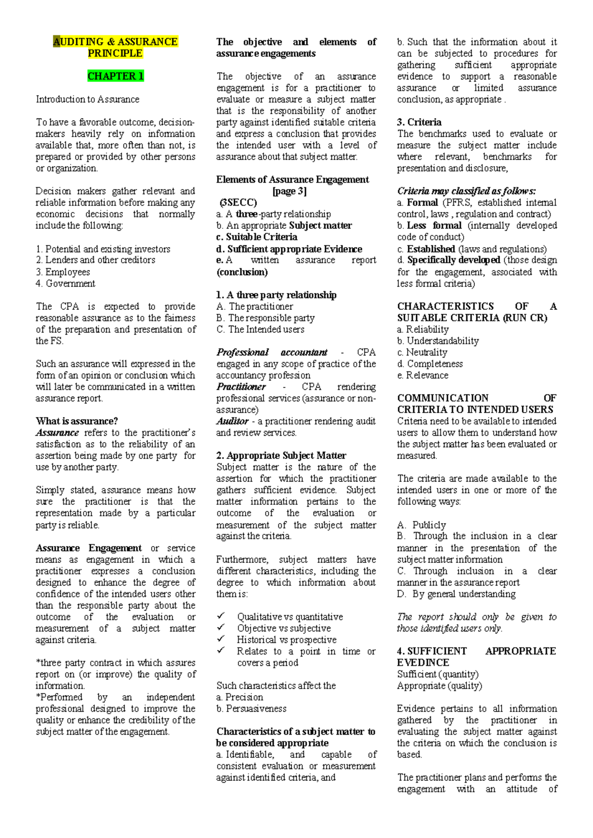 AUDITING ASSURANCE PRINCIPLE CHAPTER 1: Introduction to Assurance - Studocu