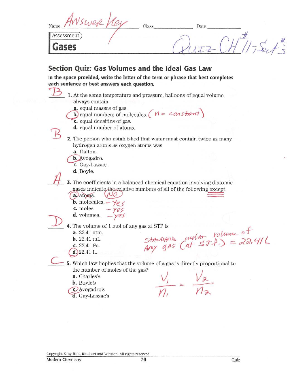 CH 11-3 Gases QUIZ Answer Key: Gas Volumes & Ideal Gas Law - Studocu