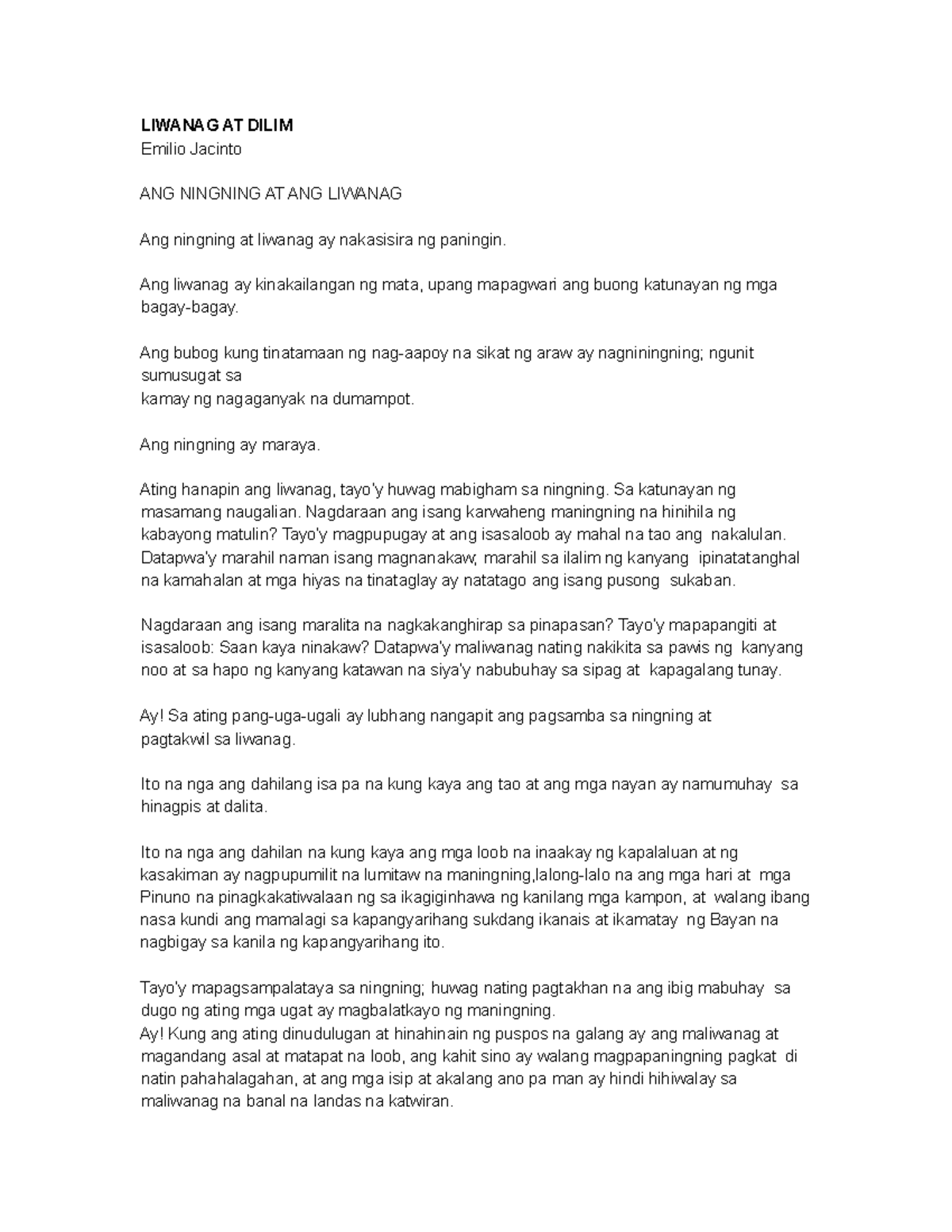 Liwanag at Dilim: Isang Pagsusuri sa Akda ni Emilio Jacinto - Studocu