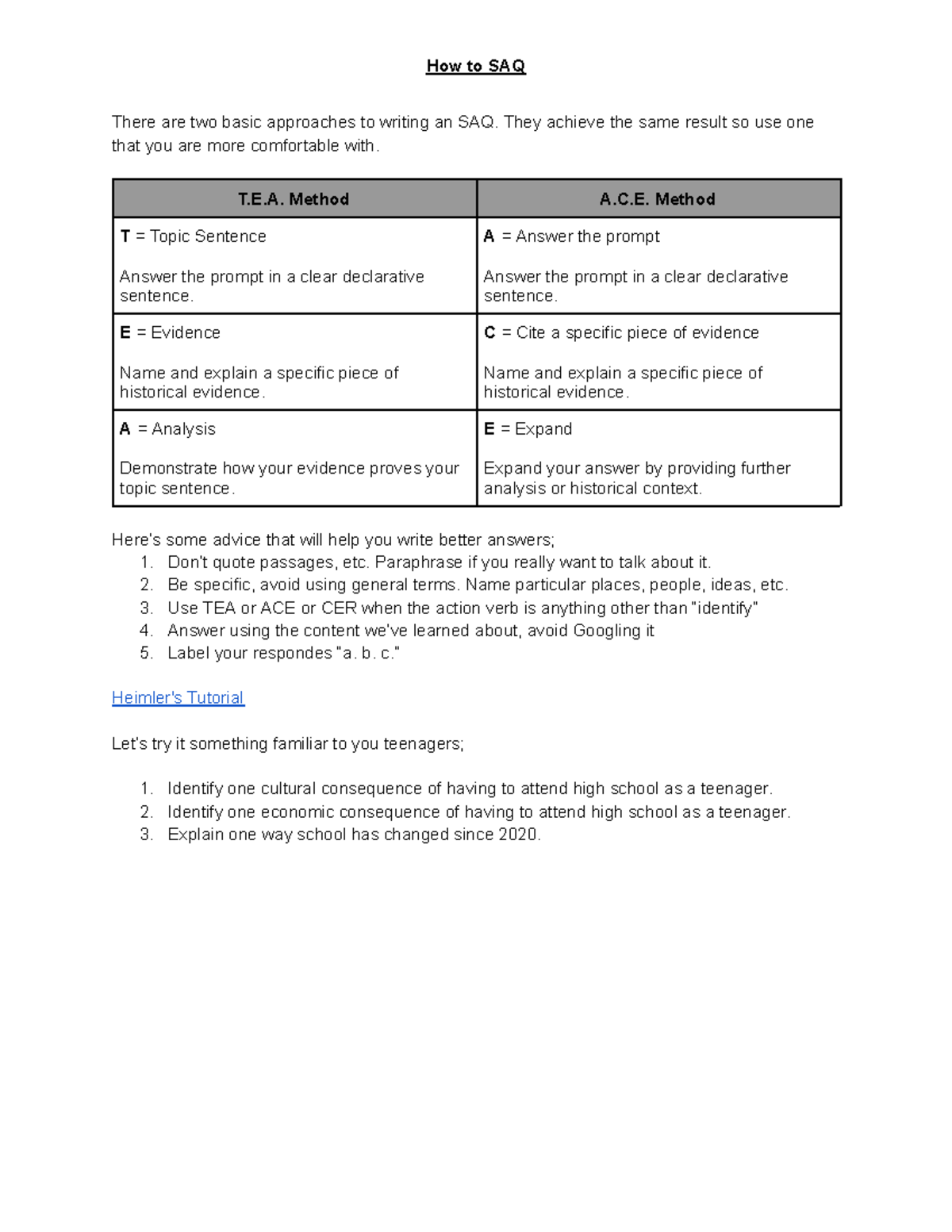 APUSH - Writing Effective SAQs: T.E.A. & A.C.E. Methods Guide - Studocu