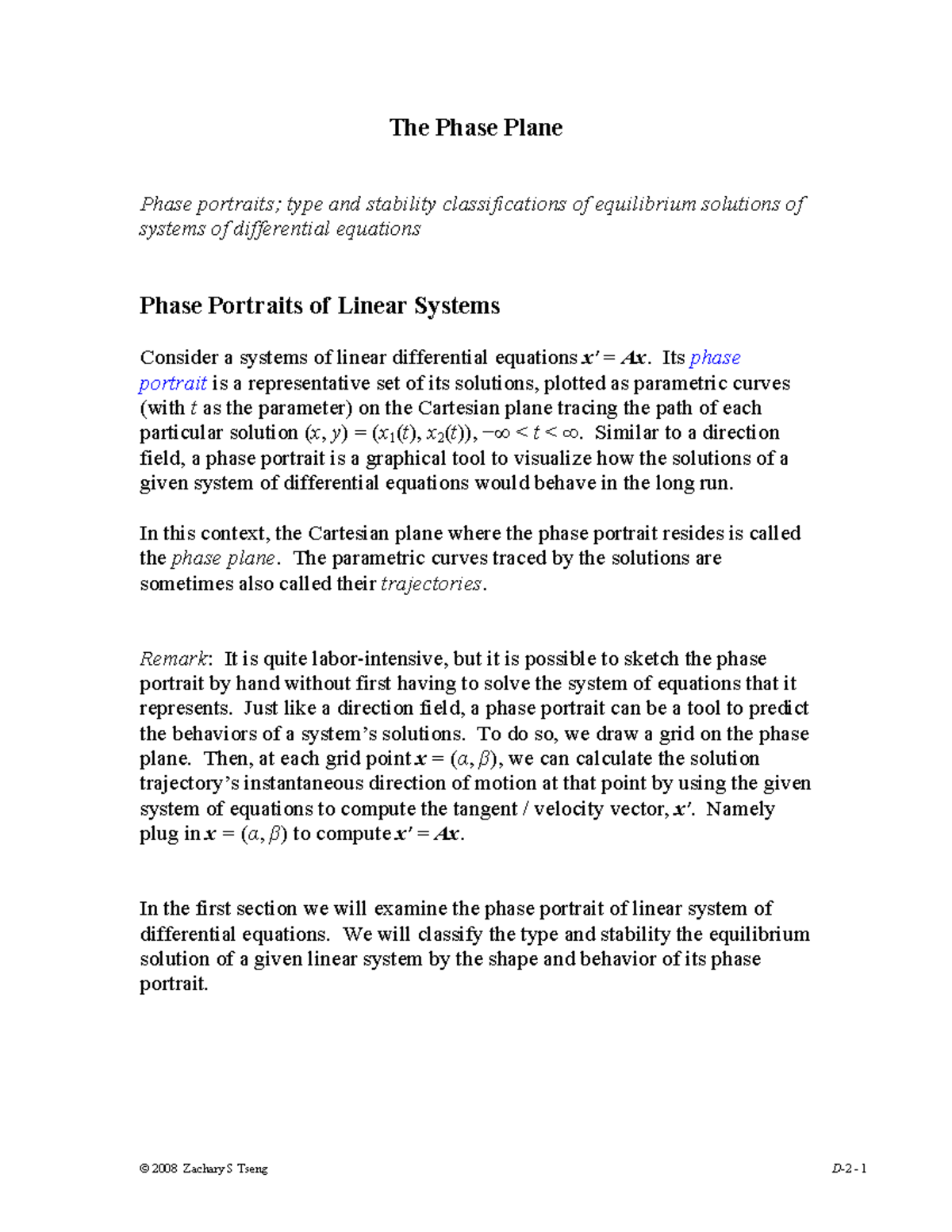 Phase Plane Analysis: Stability & Classifications of Linear Systems ...