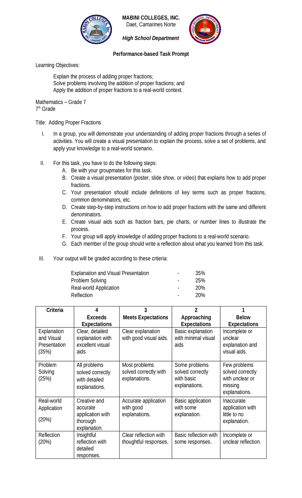 Performance-based task prompt - MABINI COLLEGES, INC. Daet, Camarines ...