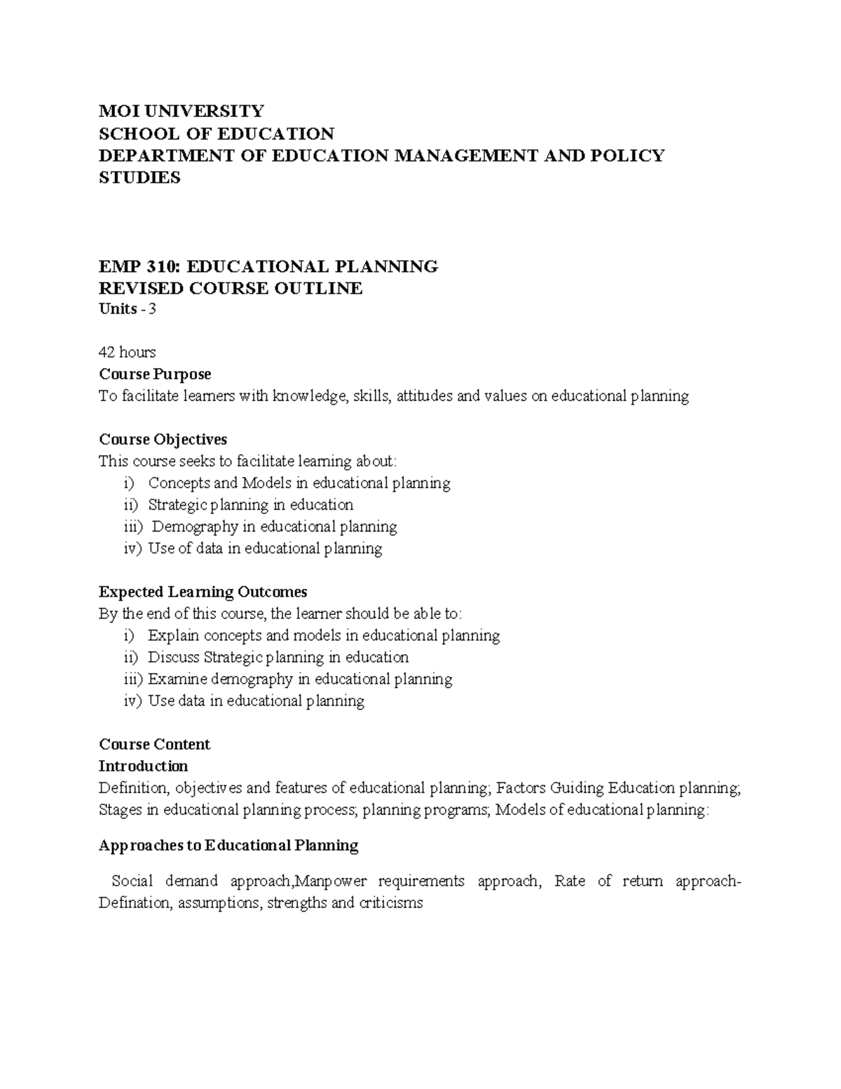EMP 310: Educational Planning Revised Course Outline - Studocu