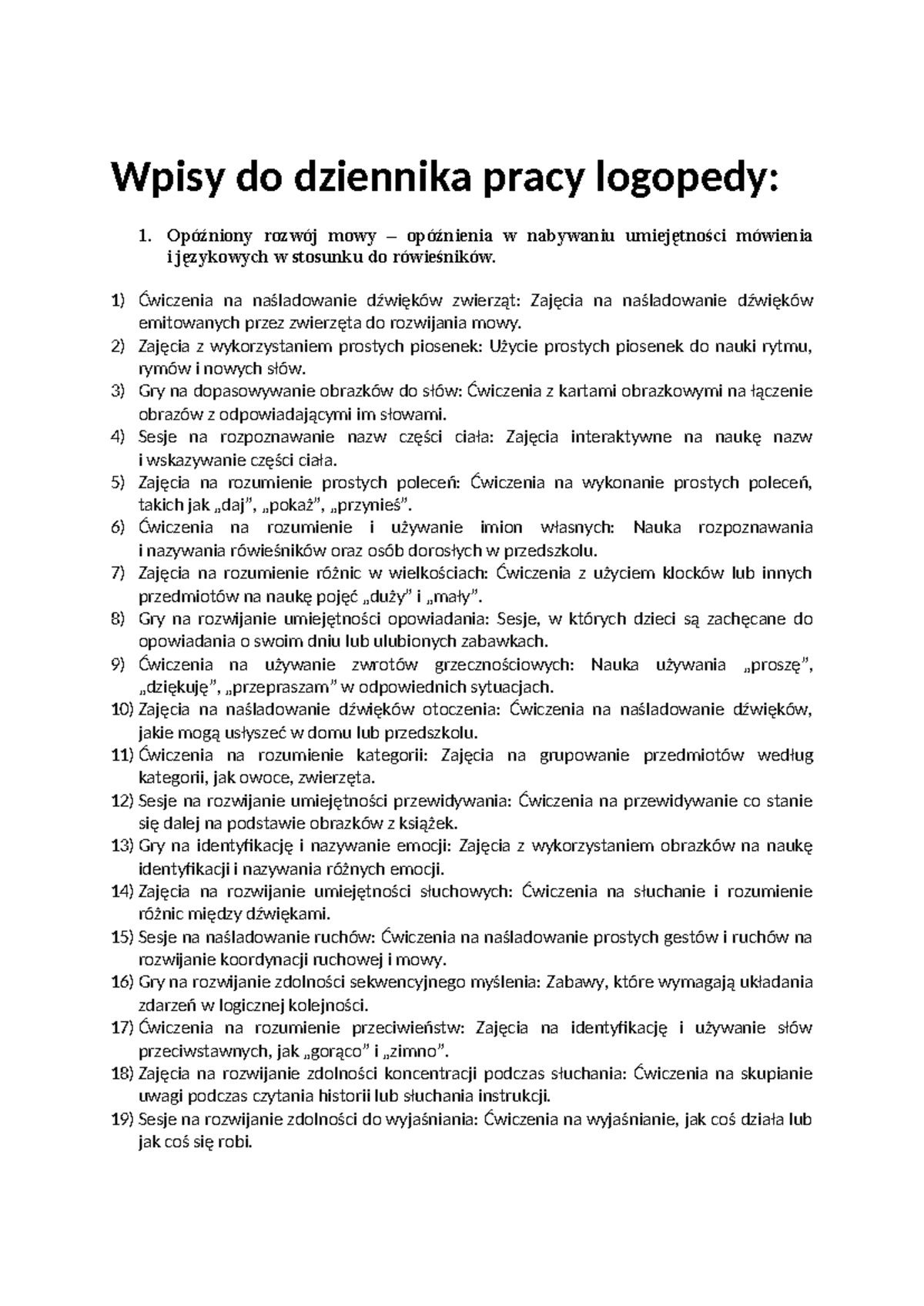 Wpisy do dziennika pracy logopedy - ćwiczenia i metody terapeutyczne ...