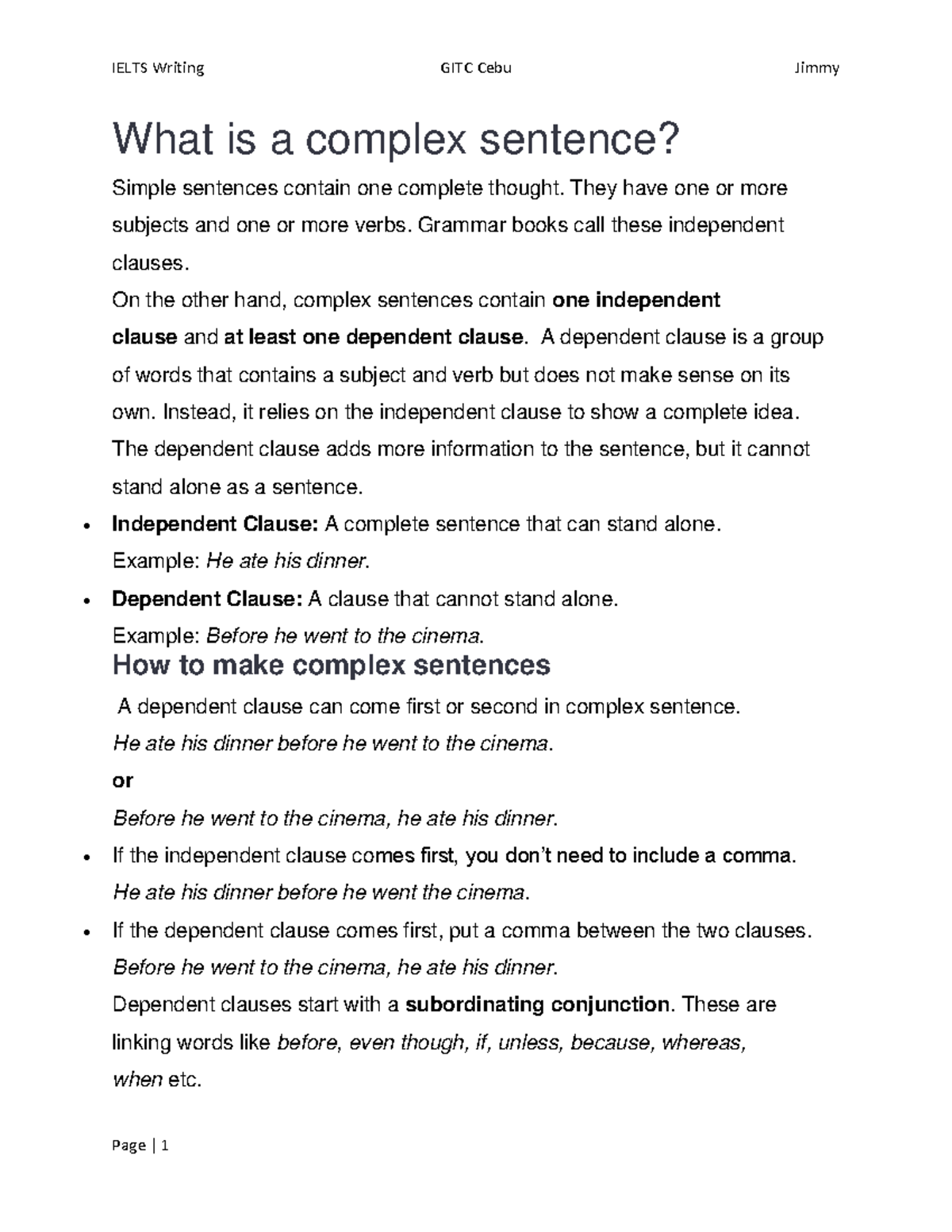 IELTS Writing GITC Cebu: Understanding Complex Sentences - Studocu
