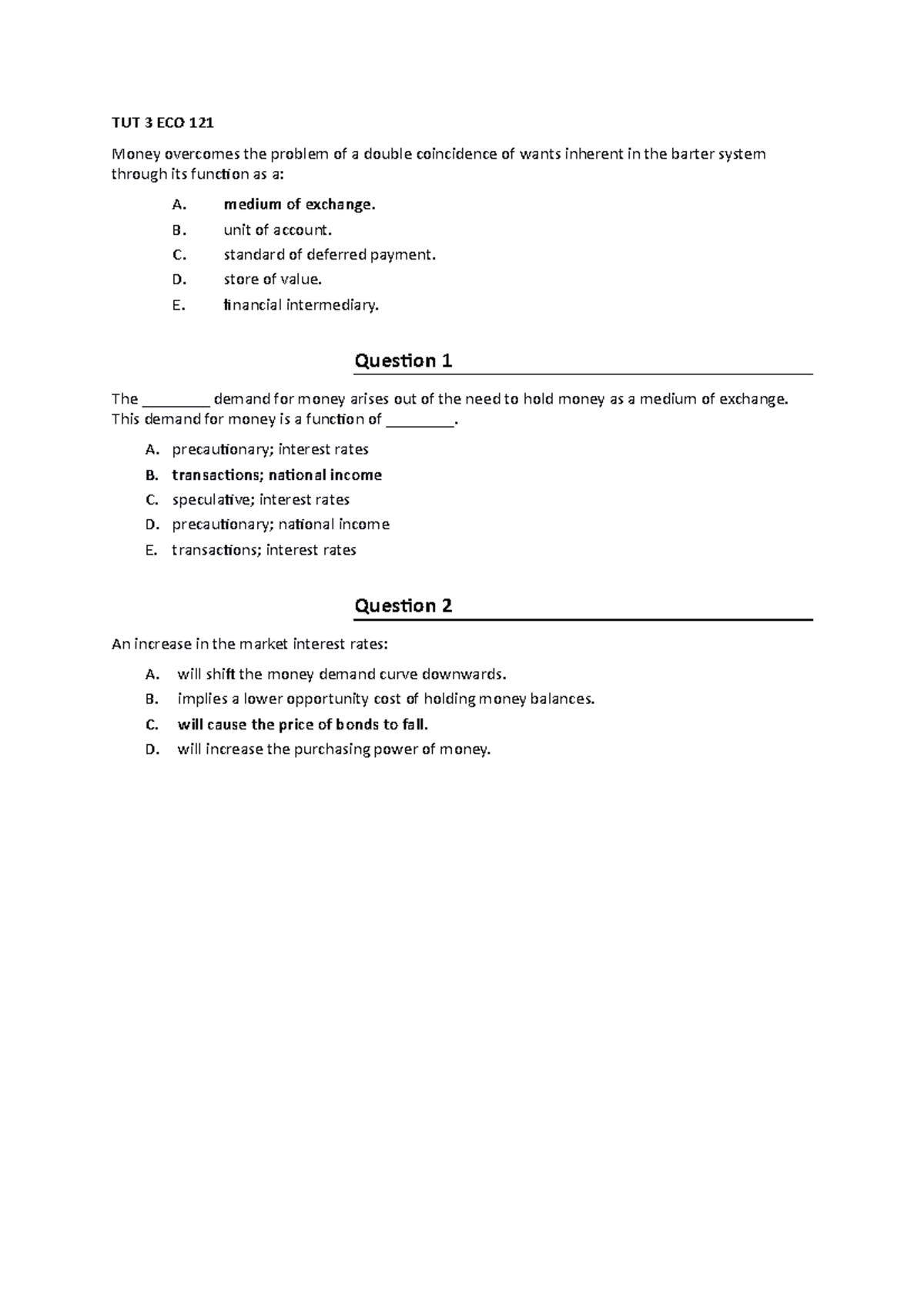 TUT 3 - This is a tutorial for Economics 1 that consists of questions ...