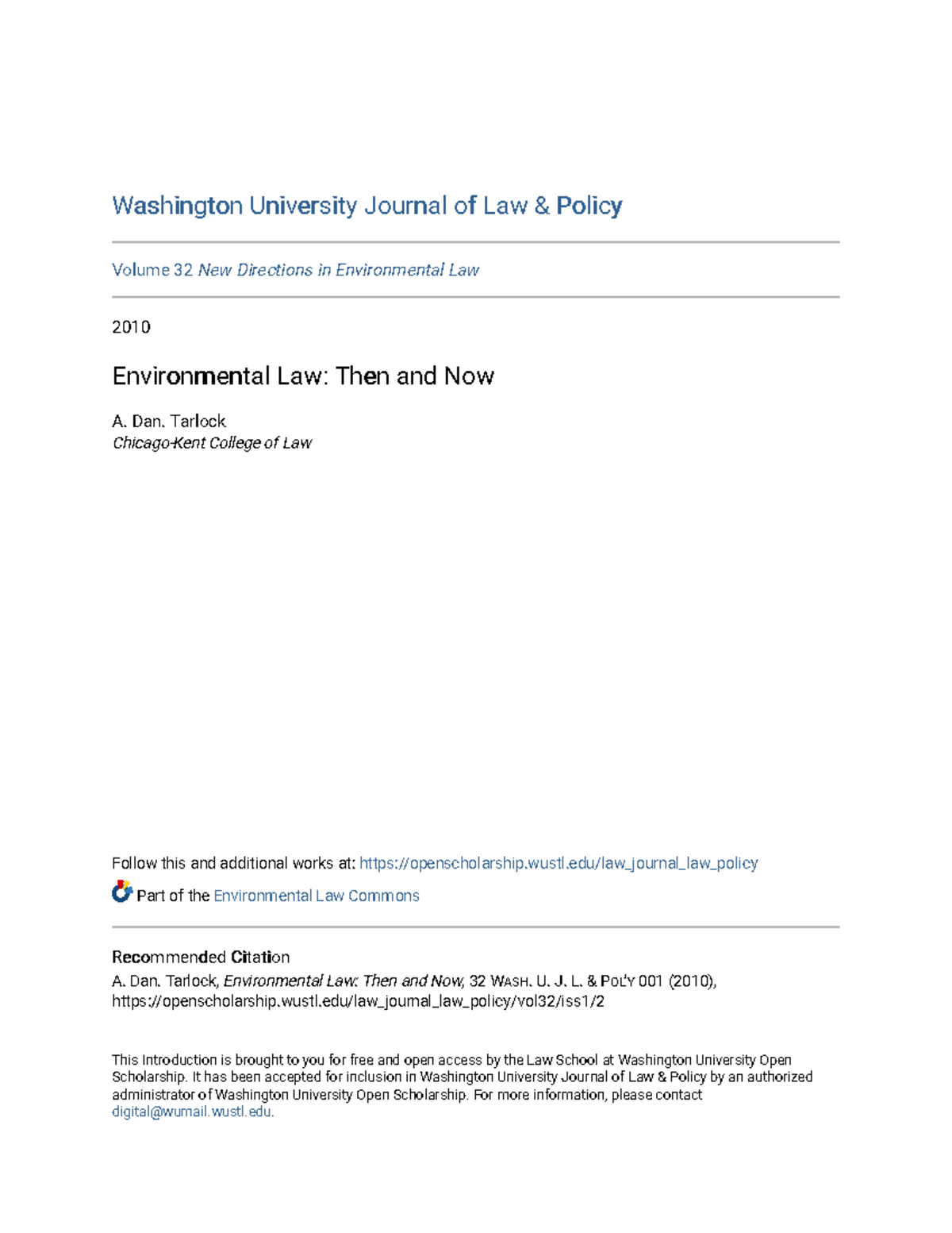 Environmental Law Then and Now - Dan. Tarlock Chicago-Kent College of ...