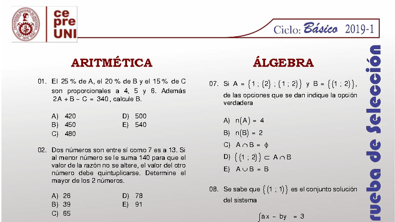 Modelo de Prueba de Selección - Ciclo Básico 2019 (ARITMÉTICA, ÁLGEBRA, - Studocu
