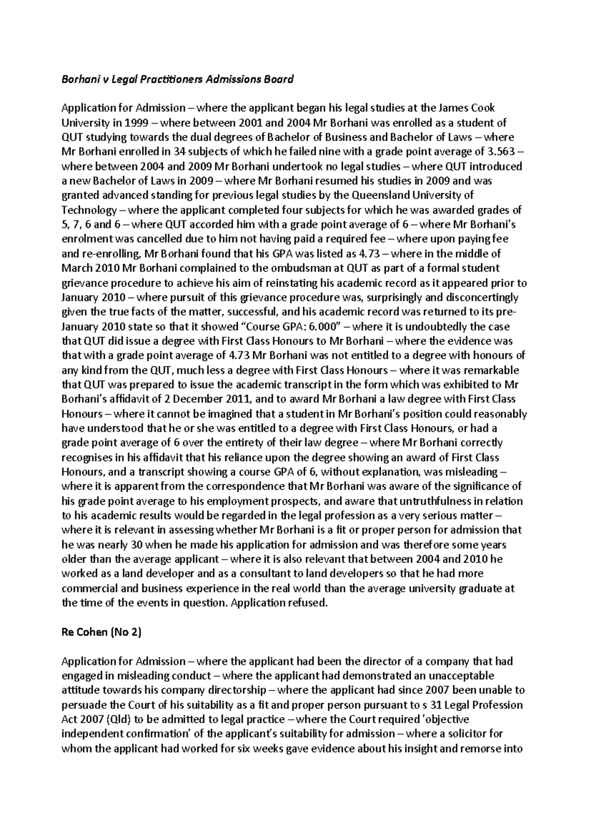 "Case Study: Legal Admissions Issues in Borhani v Legal Practitioners ...