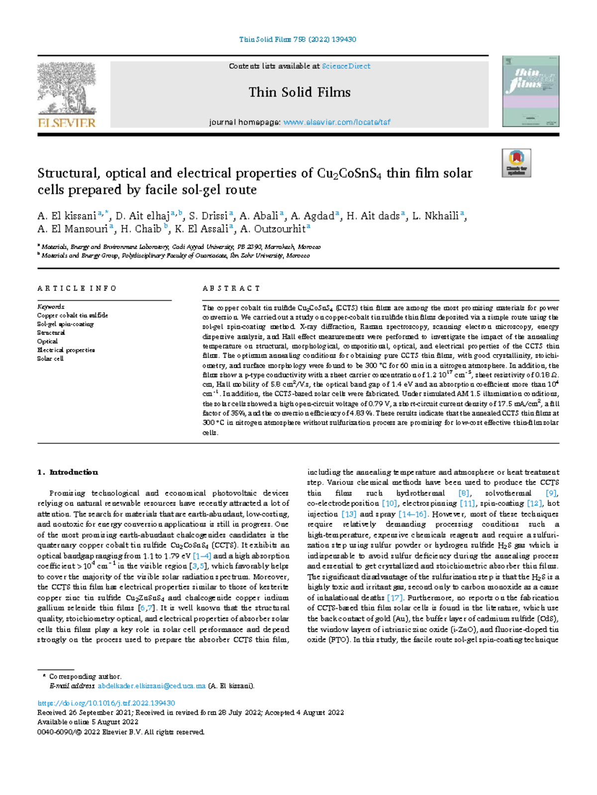 Structural, Optical, and Electrical Properties of Cu2CoSnS4 Thin Films ...