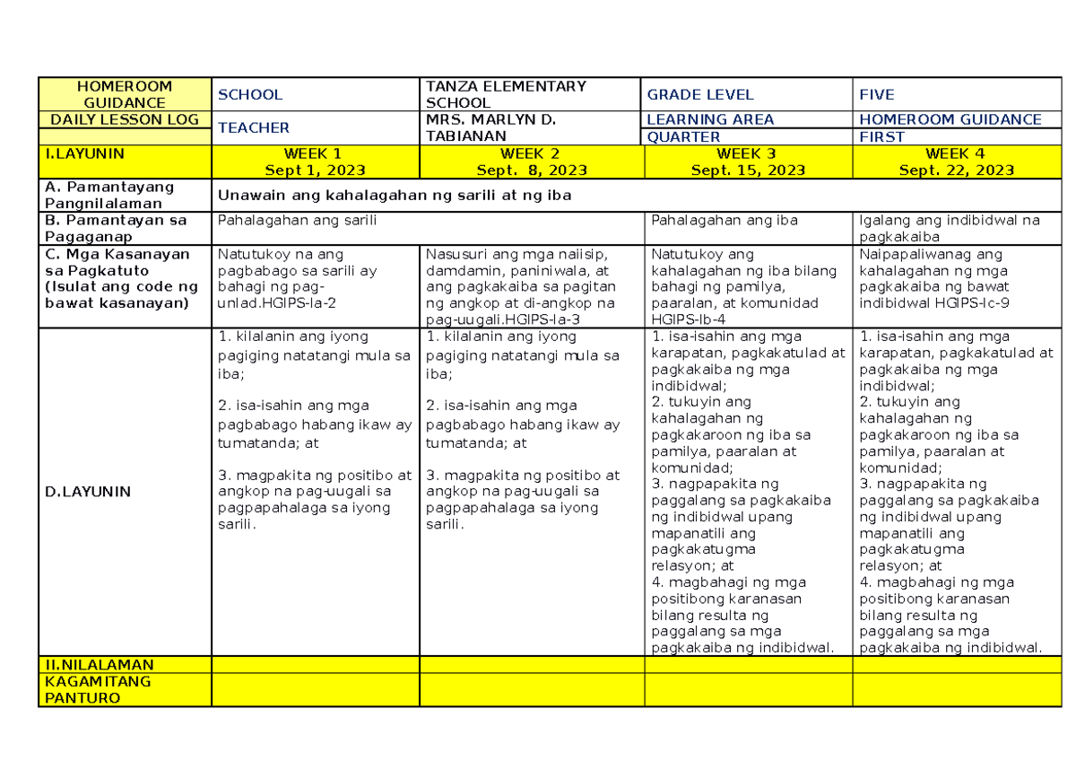 Grade 5 HRG DLL: Homeroom Guidance Lesson Plan for Quarter 1 Week 1-4 ...
