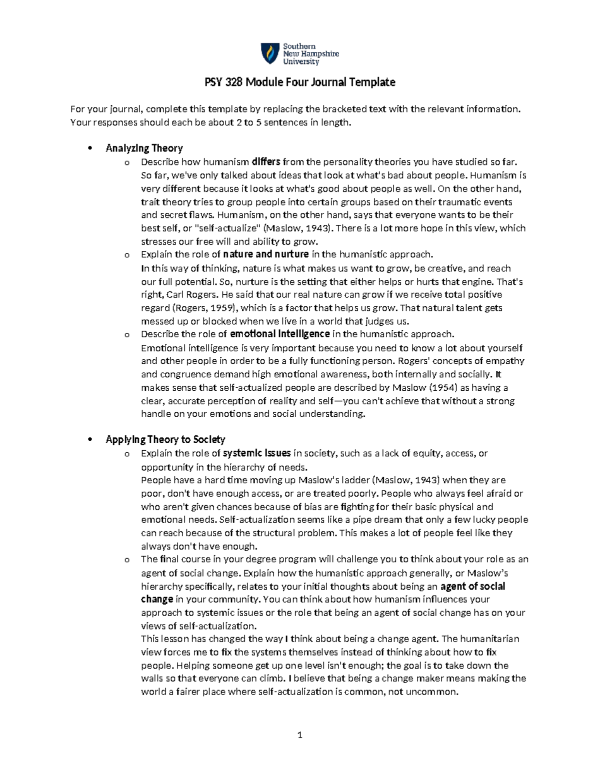 PSY 328 Humanistic Approach Journal Reflection Template - Studocu