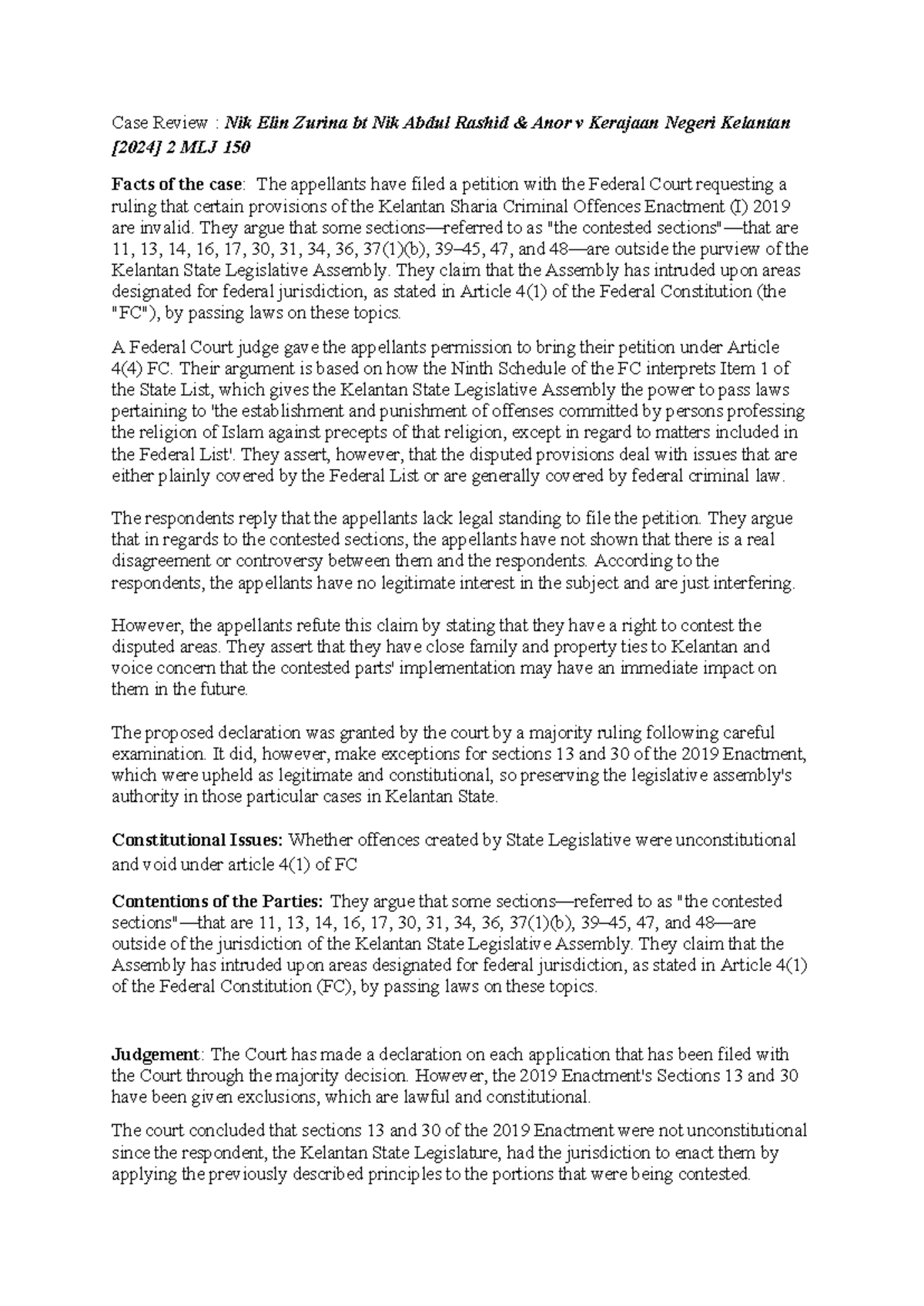 Case Review: Nik Elin v Kerajaan Negeri Kelantan - Constitutional Law ...