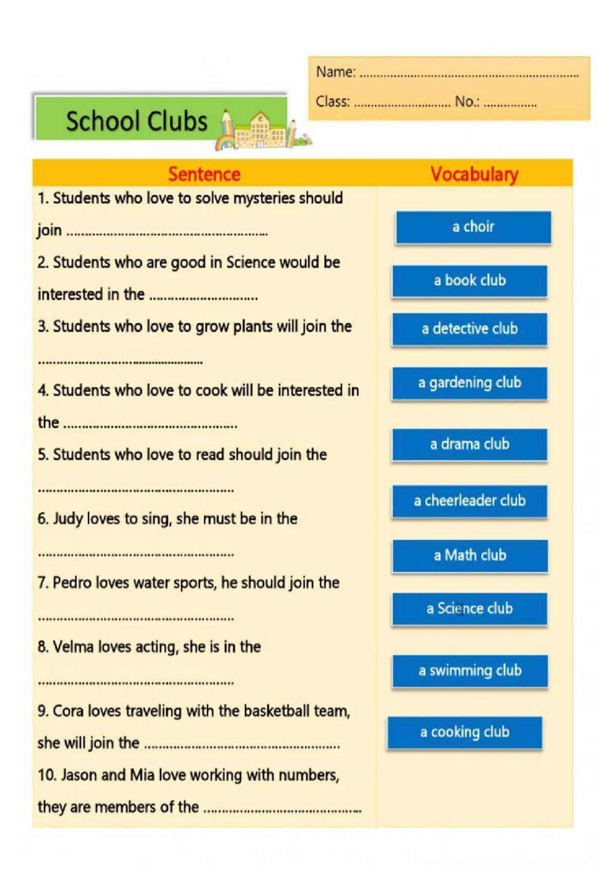 KET A2 Worksheet: Vocabulary on School Clubs - Studocu