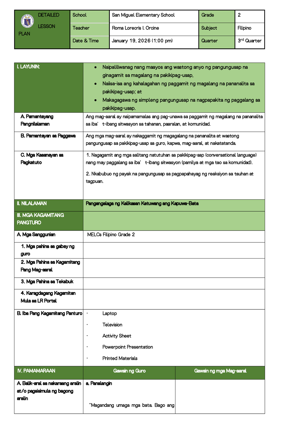 Orcine - DLP - Filipino - Grade 2 Lesson Plan on Polite Language - Studocu