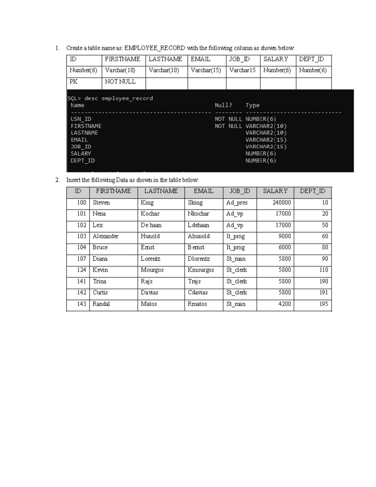 DML LAB Exercise 001 Samson Jayce Johan - Create a table name as ...