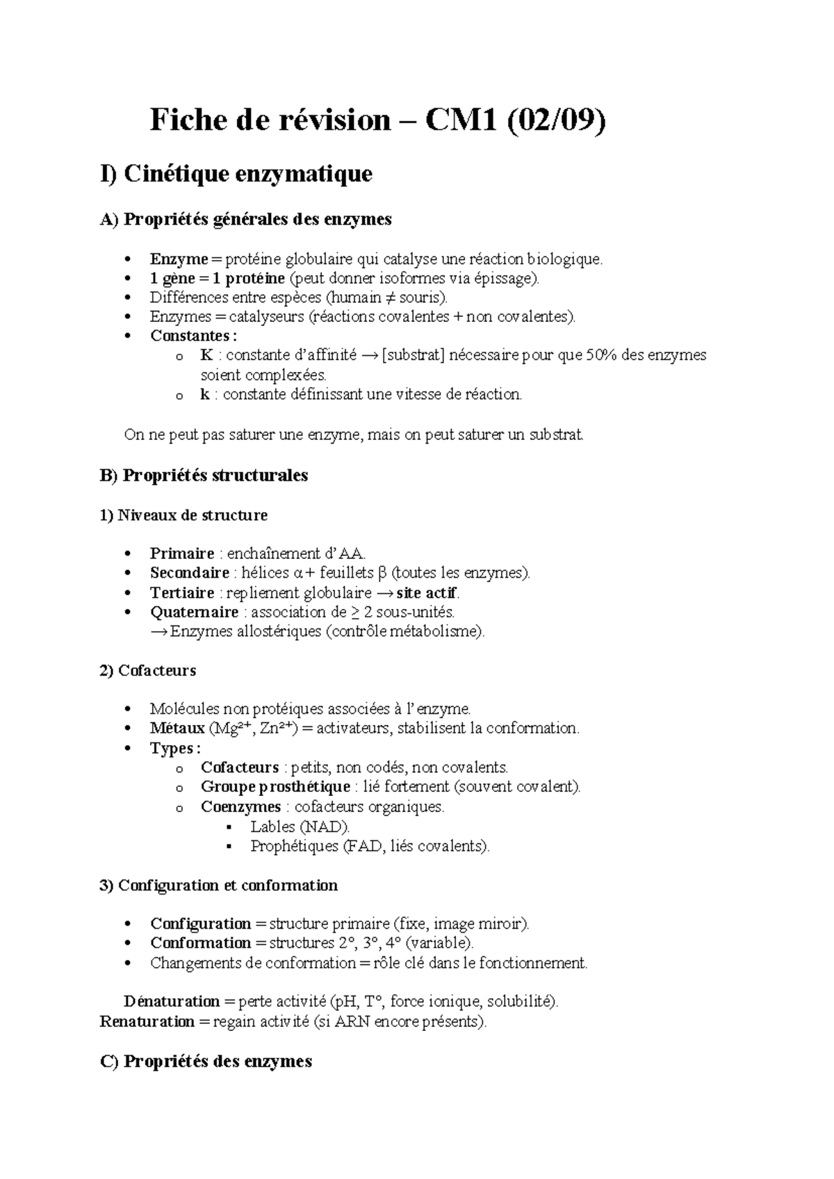 Fiche de révision CM1 : Cinétique et Propriétés des Enzymes - Studocu