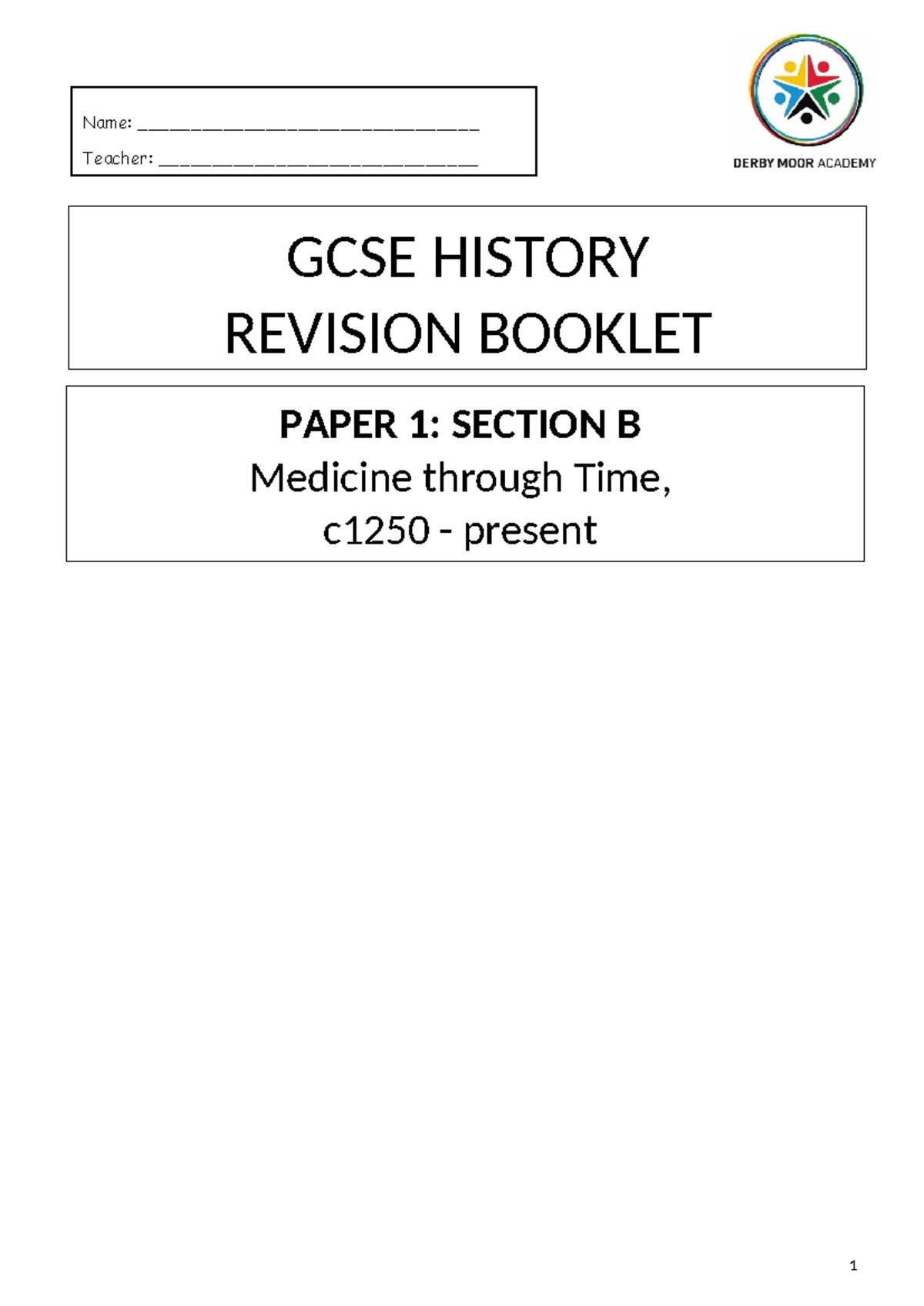 GCSE History: Revision Booklet for Paper 1 Medicine (c1250-Present ...