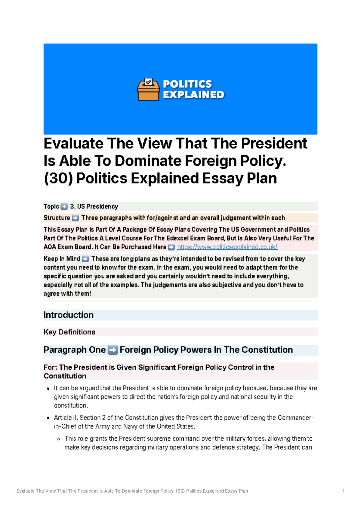 (30) Politics Explained Essay Plan: Dominance of the US Presidency in ...