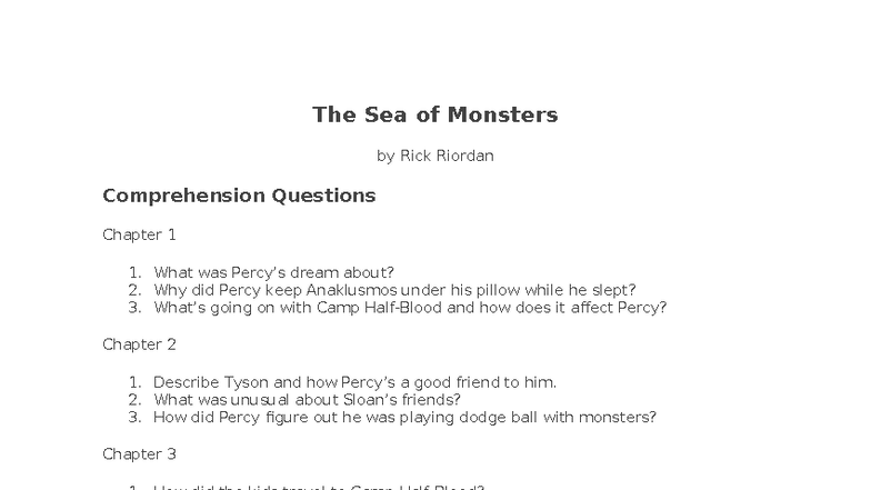 The Sea of Monsters (Course Code: ENG101) Comprehension Questions ...