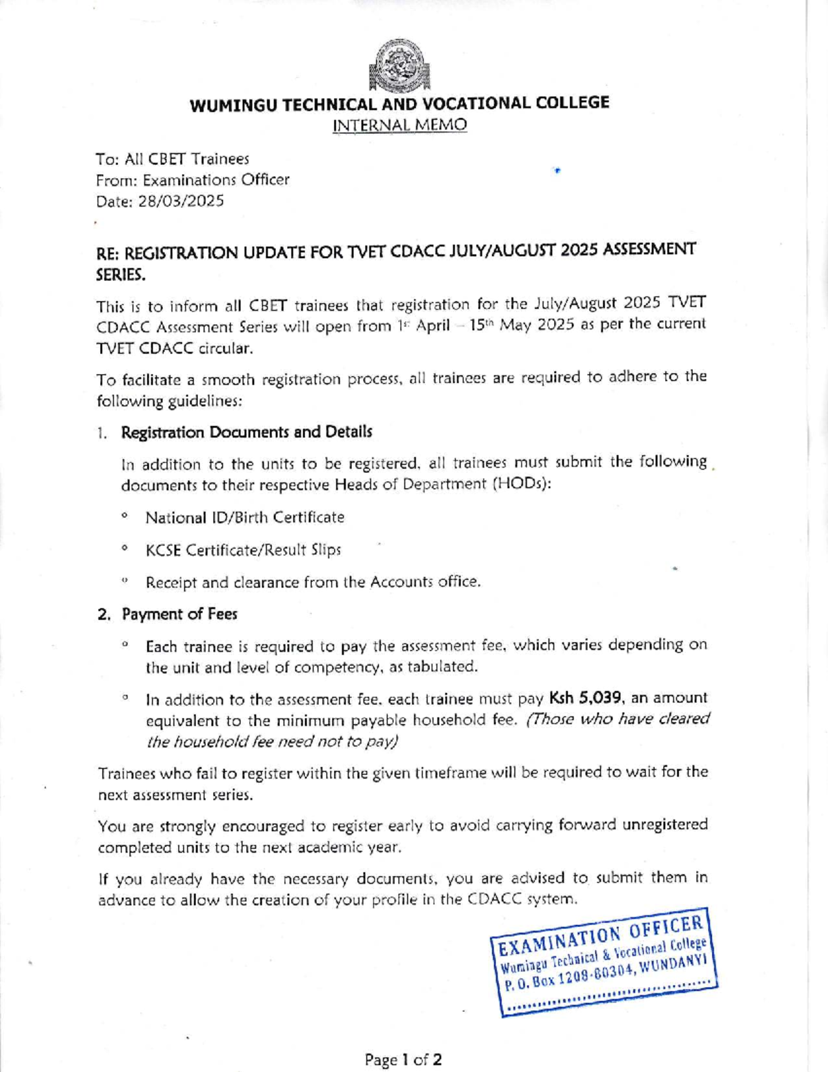 TVET CDACC 2025 Assessment Series Registration Update Memo - Studocu