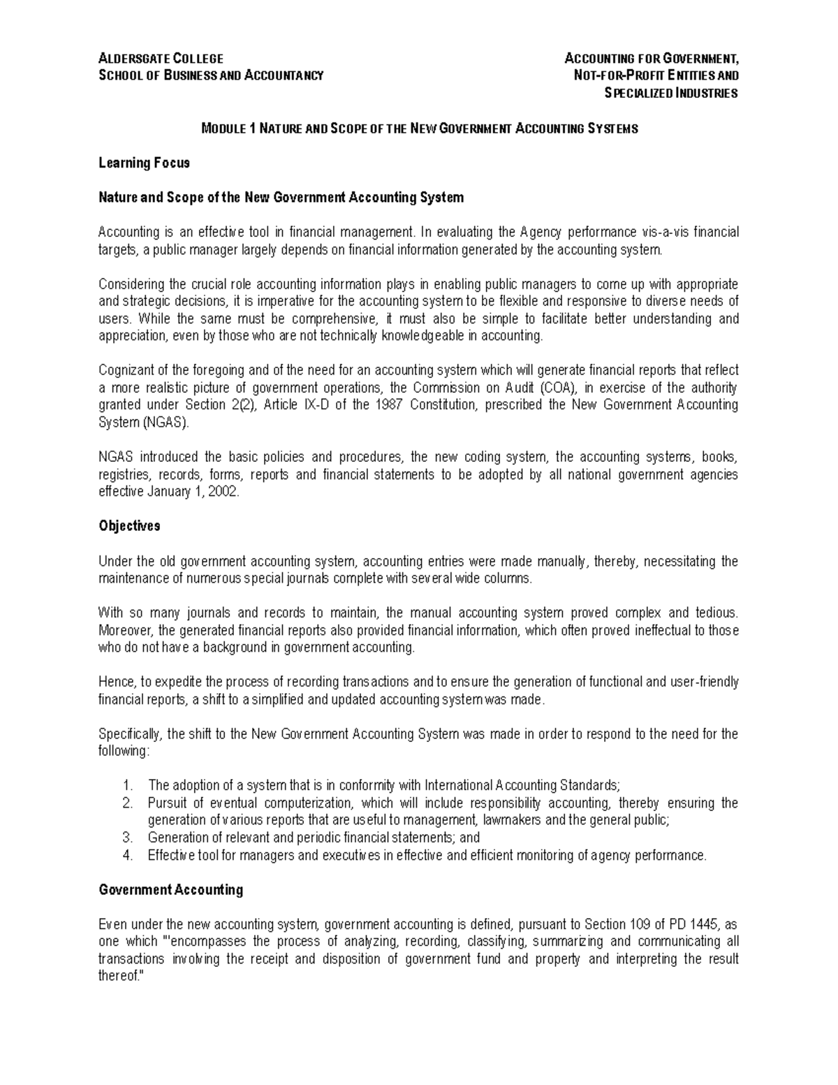 Module 1: Understanding the Nature of NGAS in Government Accounting ...
