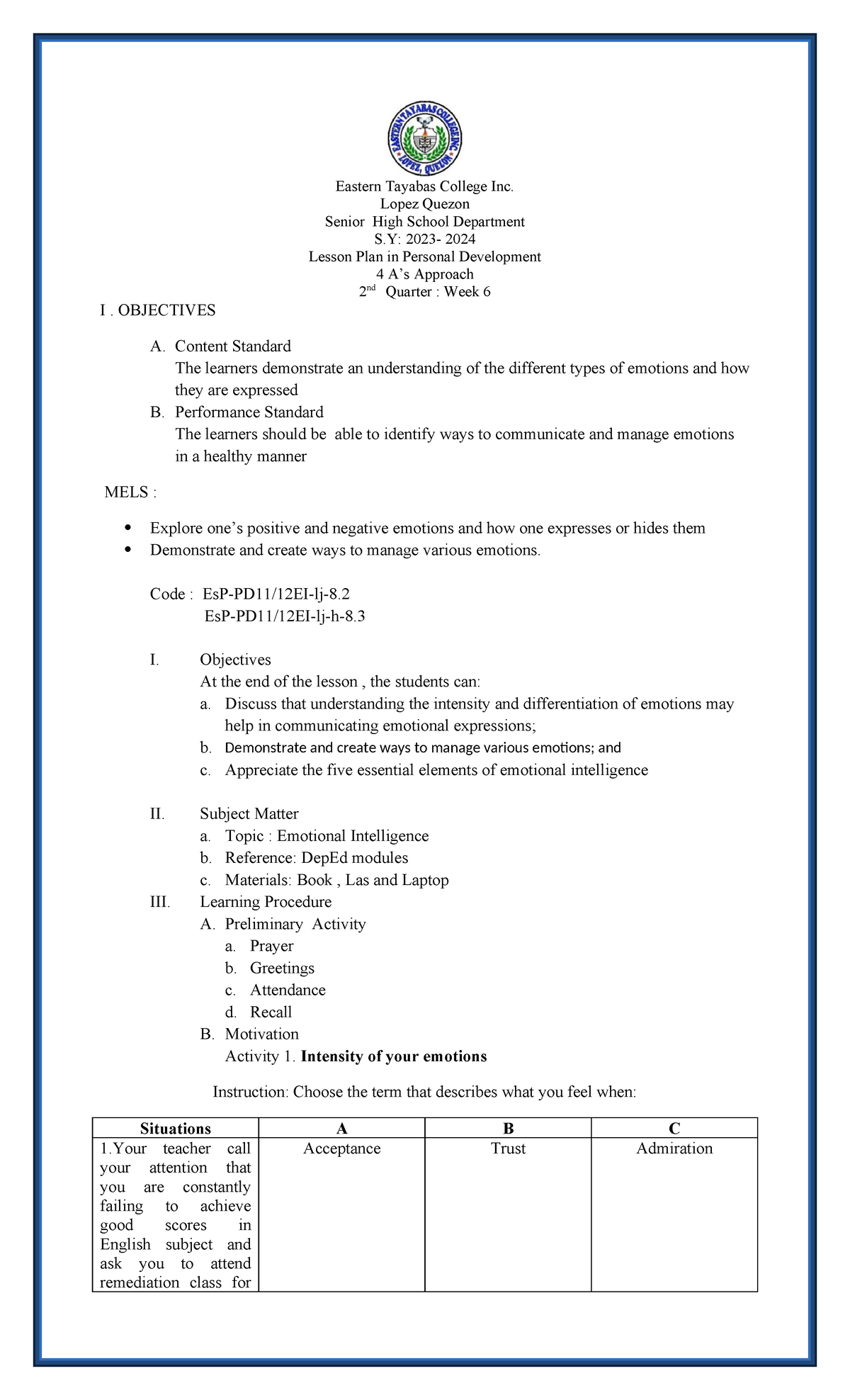 Perdev Lesson Plan: Understanding Emotional Intelligence (EsP-PD11/12EI ...