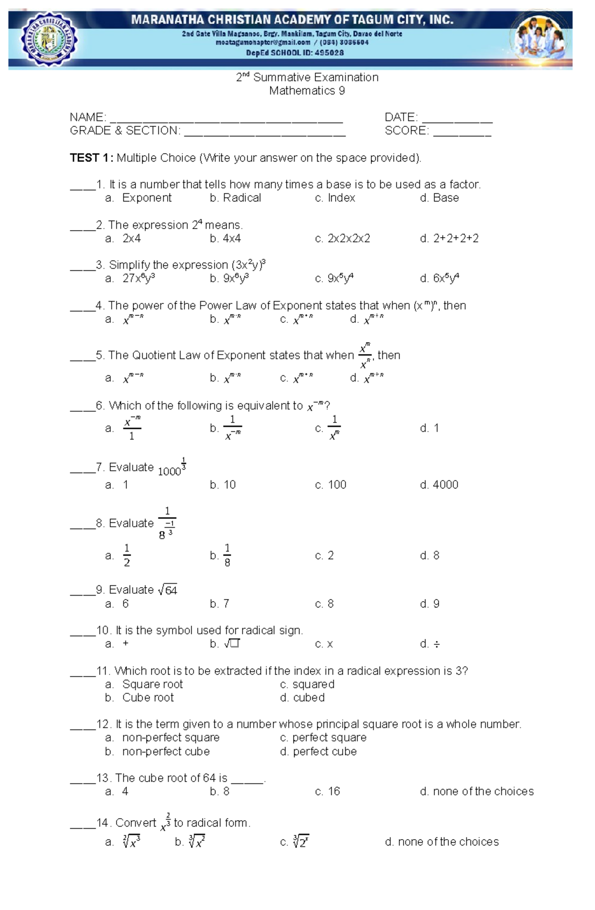 2nd Summative Exam in Math 9: Comprehensive Question Set - Studocu